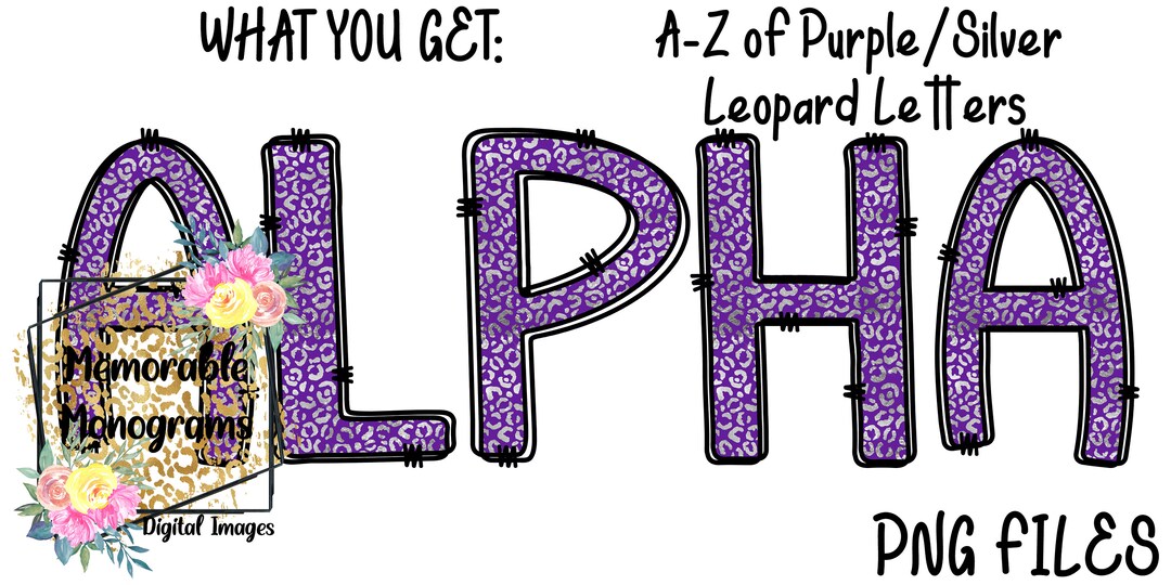 Purple/silver Leopard Alpha, Doodle Letters, Uppercase, Sublimation ...