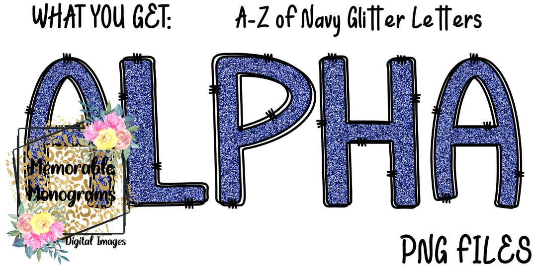 Navy Blue Glitter Alpha, Doodle Letters, Uppercase, Sublimation ...