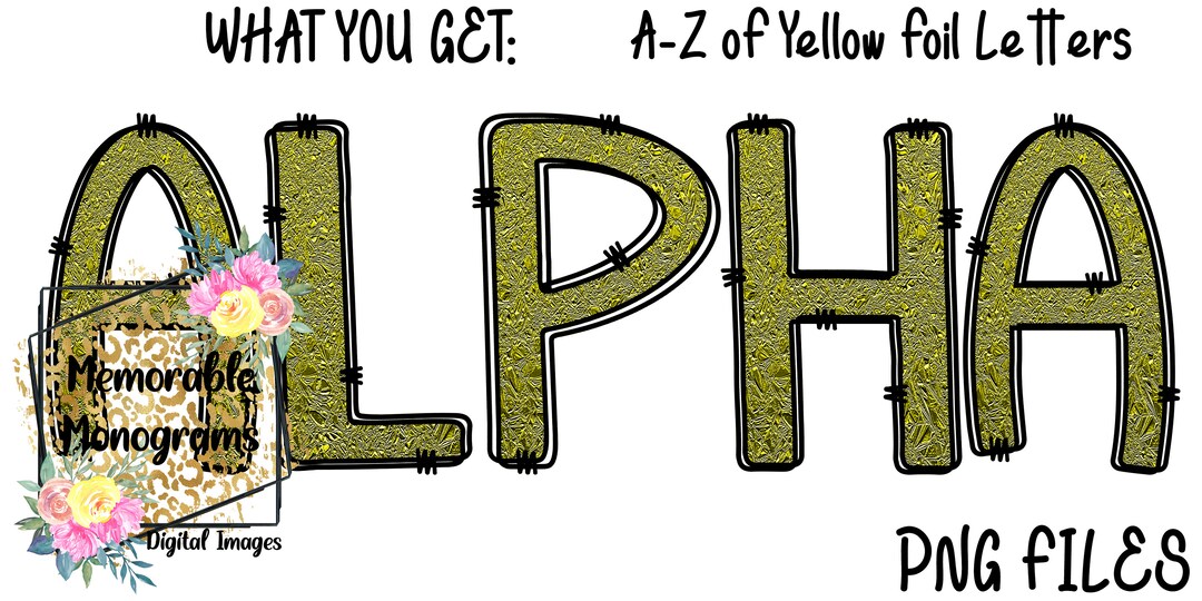Yellow Foil Alpha, Doodle Letters, Uppercase, Sublimation, Digital ...