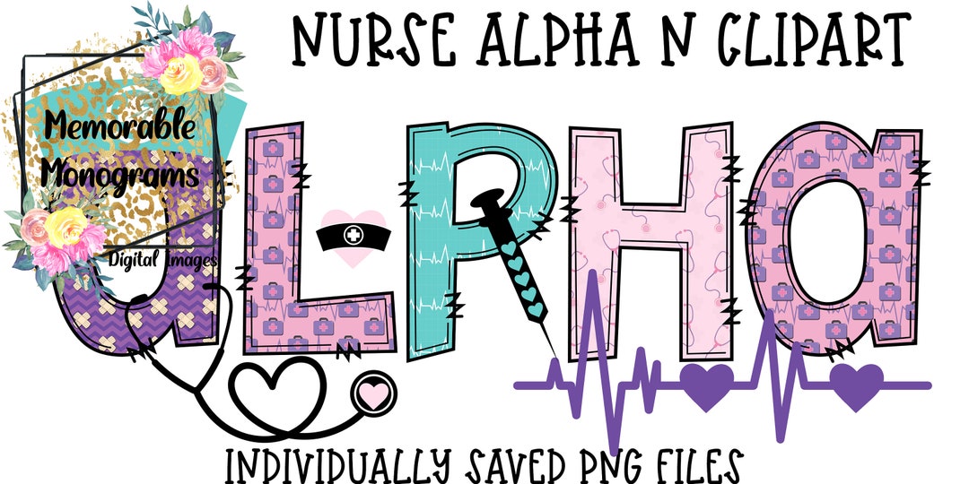 Nurse Alpha & Clipart, Doodle Letters, Uppercase, Sublimation, Digital ...