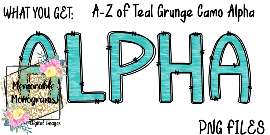 Teal Grunge, Alpha, Doodle Letters, Uppercase, Sublimation, Digital ...