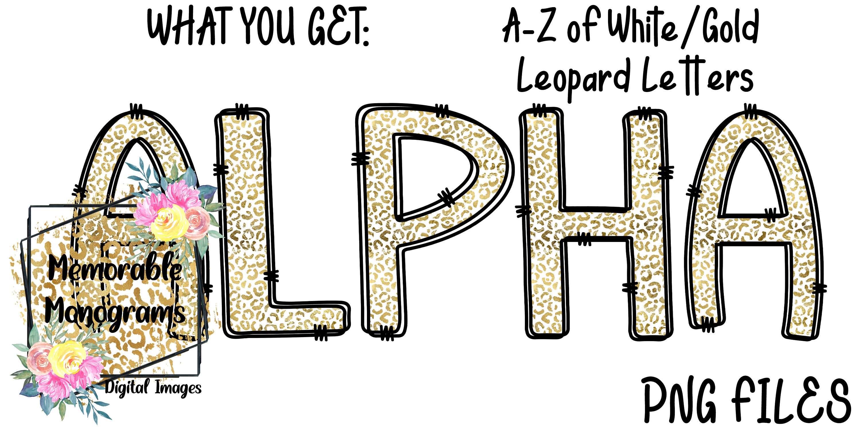 White/gold Leopard Alpha, Doodle Letters, Uppercase, Sublimation ...