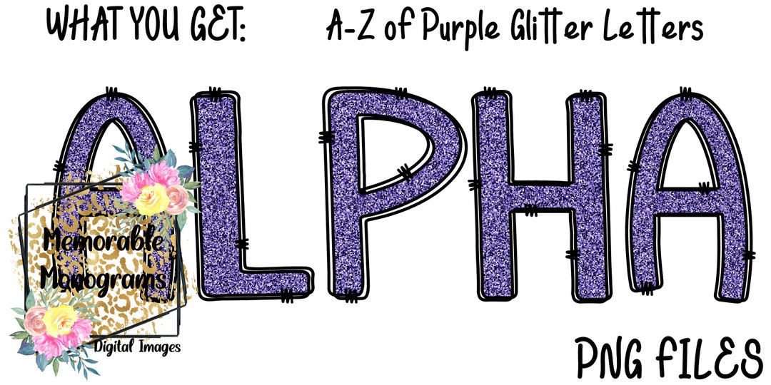 Purple Glitter Alpha, Doodle Letters, Uppercase, Sublimation, Digital ...