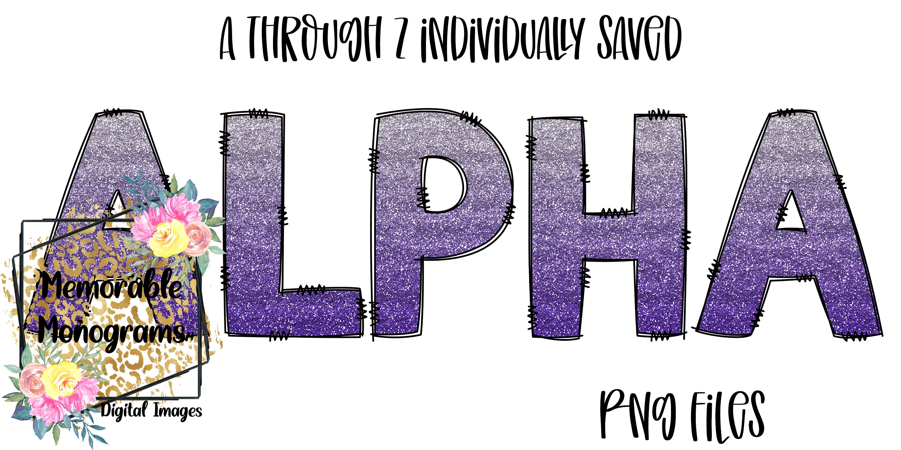 Purple Ombre', Glitter, Alpha, Doodle Letters, Uppercase, Sublimation ...