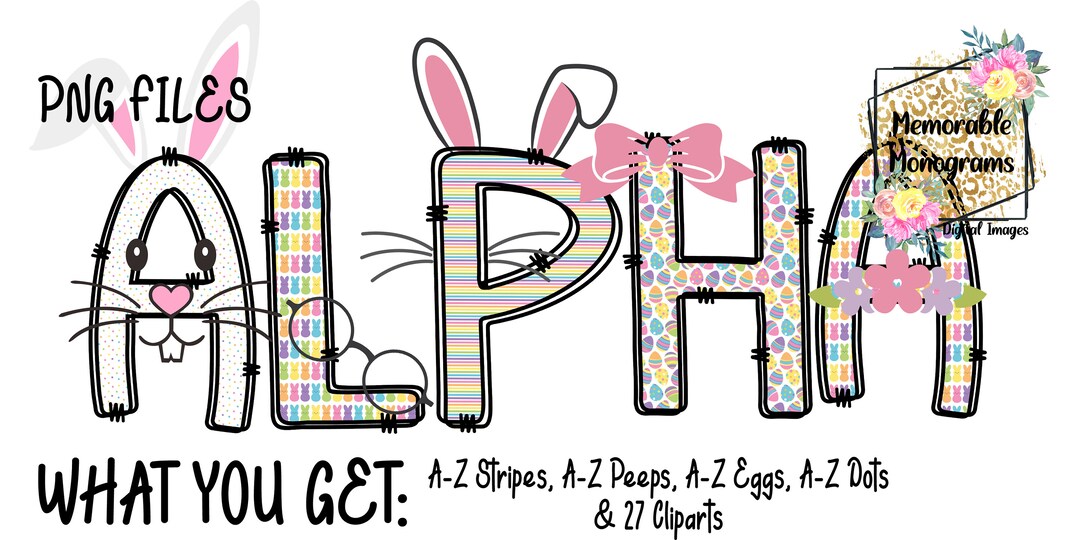 Easter Peep Alpha & Clipart, Doodle Letters, Uppercase, Sublimation ...