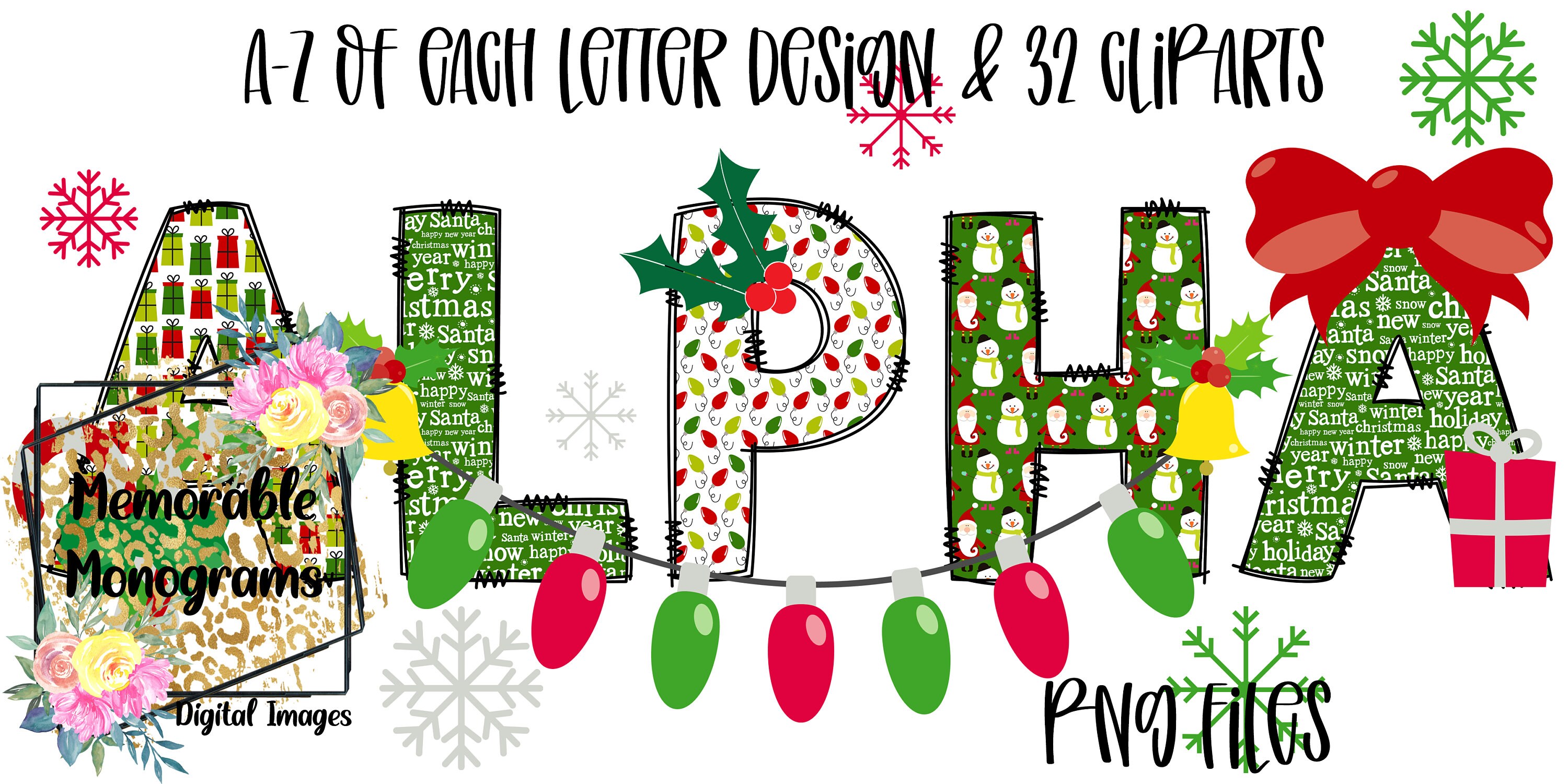 Christmas Alpha & Clipart, Doodle Letters, Uppercase, Sublimation ...