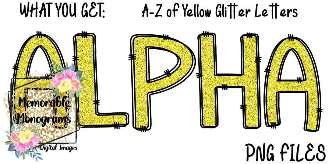 Yellow Glitter Alpha, Doodle Letters, Uppercase, Sublimation, Digital ...
