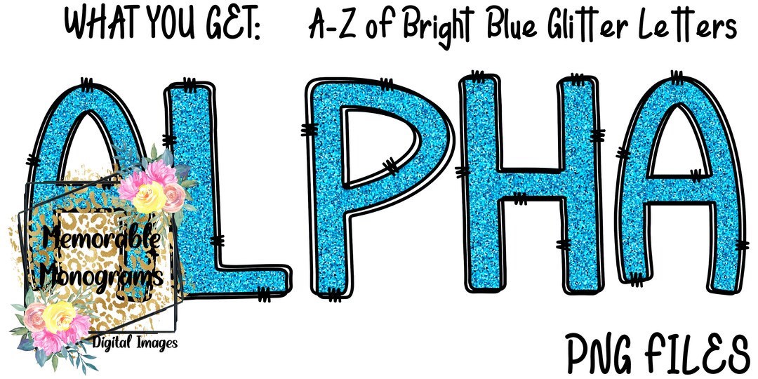 Bright Blue Glitter Alpha, Doodle Letters, Uppercase, Sublimation ...