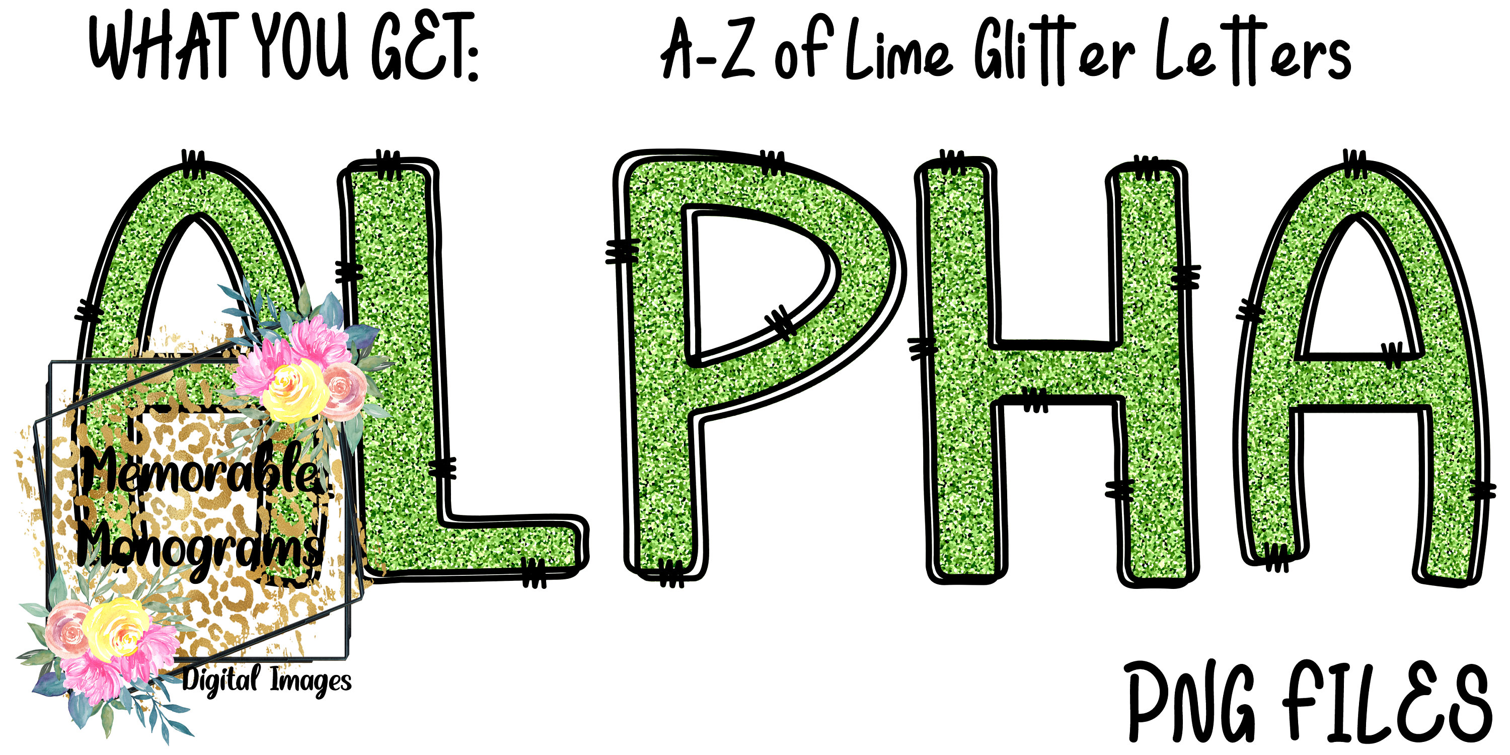Glitter Digital Download Lime Green Glitter Alpha Doodle Letters ...