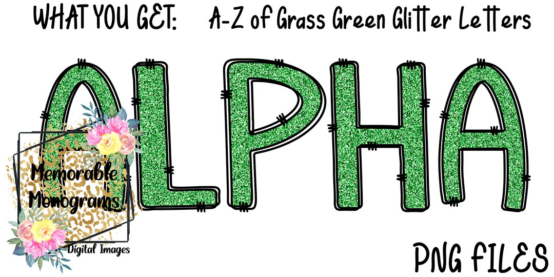Grass Green Glitter Alpha, Doodle Letters, Uppercase, Sublimation ...
