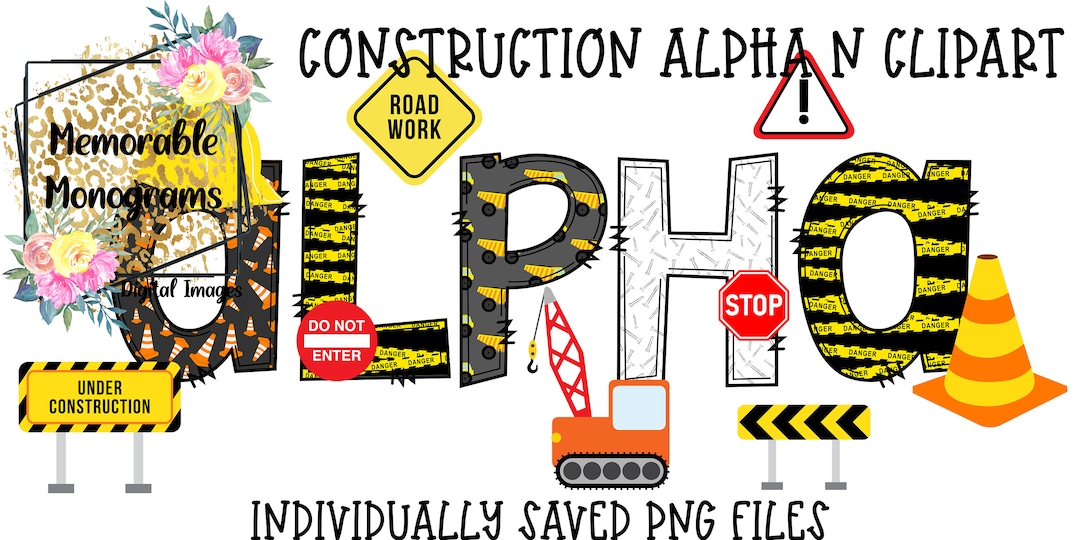 Construction Alpha & Clipart, Doodle Letters, Uppercase, Sublimation ...