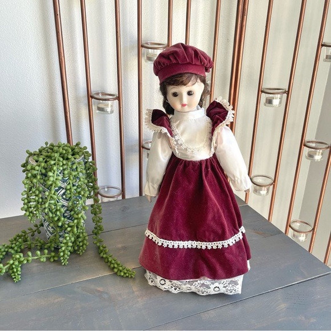 Vintage Collectible Porcelain Doll Maroon Velvet Dress Brunette - Etsy