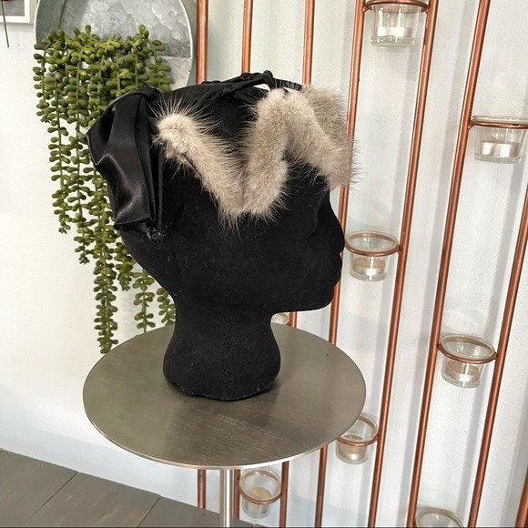 Vtg Grey Genuine Fur Capulet Hat Black Satin Bow - Etsy