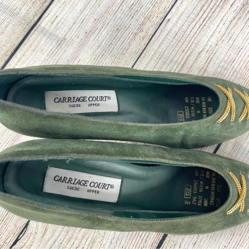 Vintage Carriage Court Green Suede Heels Gold Chain Embellishments Size ...