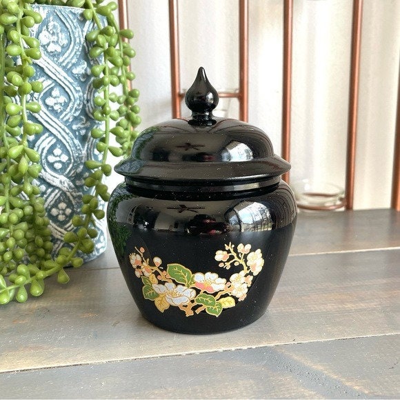 Vintage 1970s Avon Floral Black Glass Ginger Jar Lidded Bowl Covered ...