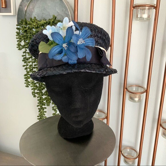 Vintage Blue Straw Hat Floral Accent Union Made - Etsy
