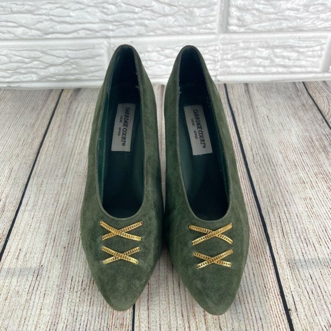 Vintage Carriage Court Green Suede Heels Gold Chain Embellishments Size ...