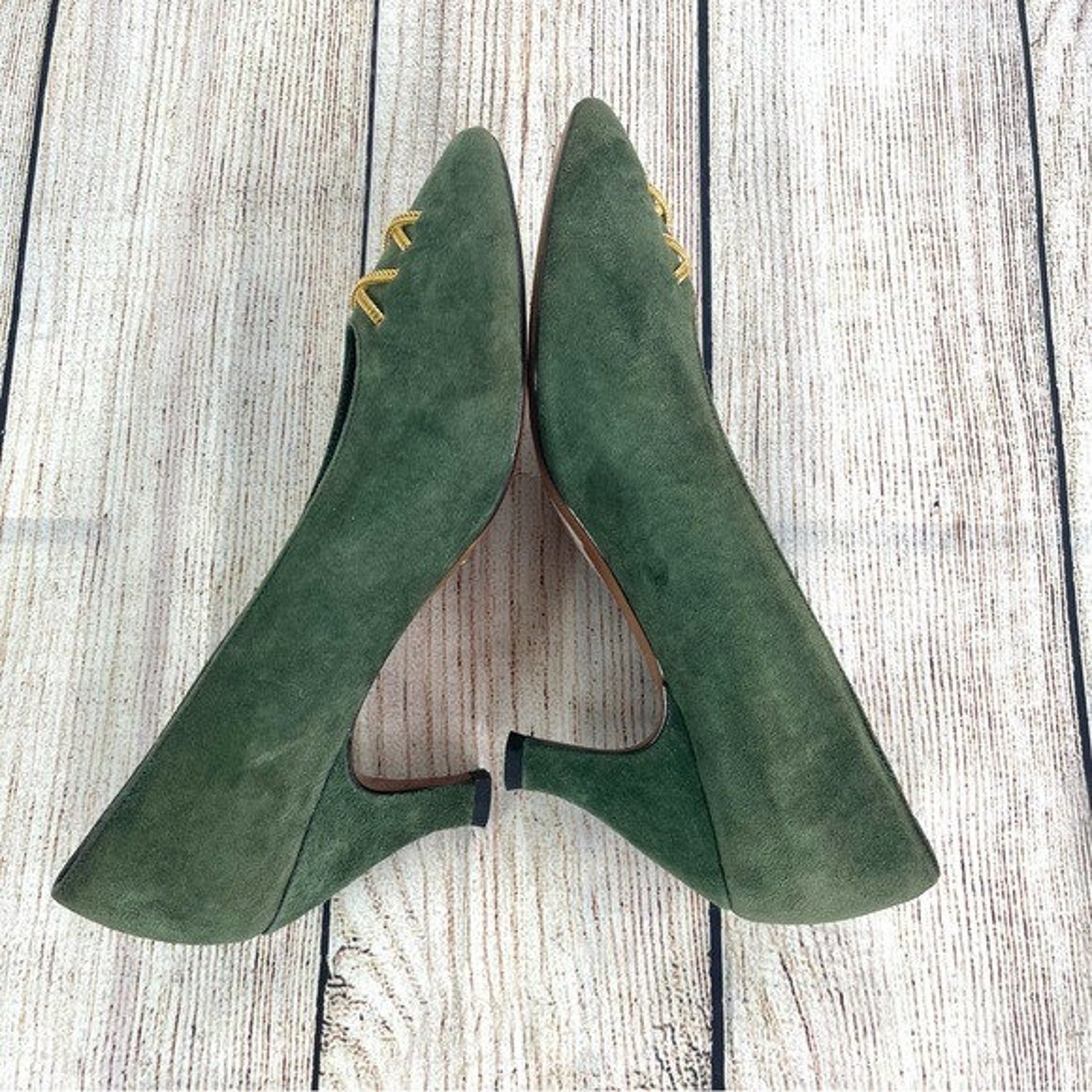 Vintage Carriage Court Green Suede Heels Gold Chain Embellishments Size ...