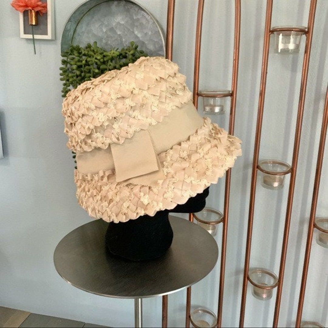 Vintage Cloche Hat Woven Peach Ribbon Trim - Etsy