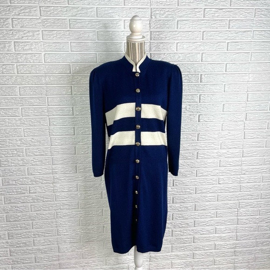 Vintage Schrader Knit Button Front Sweater Dress Navy Blue White ...