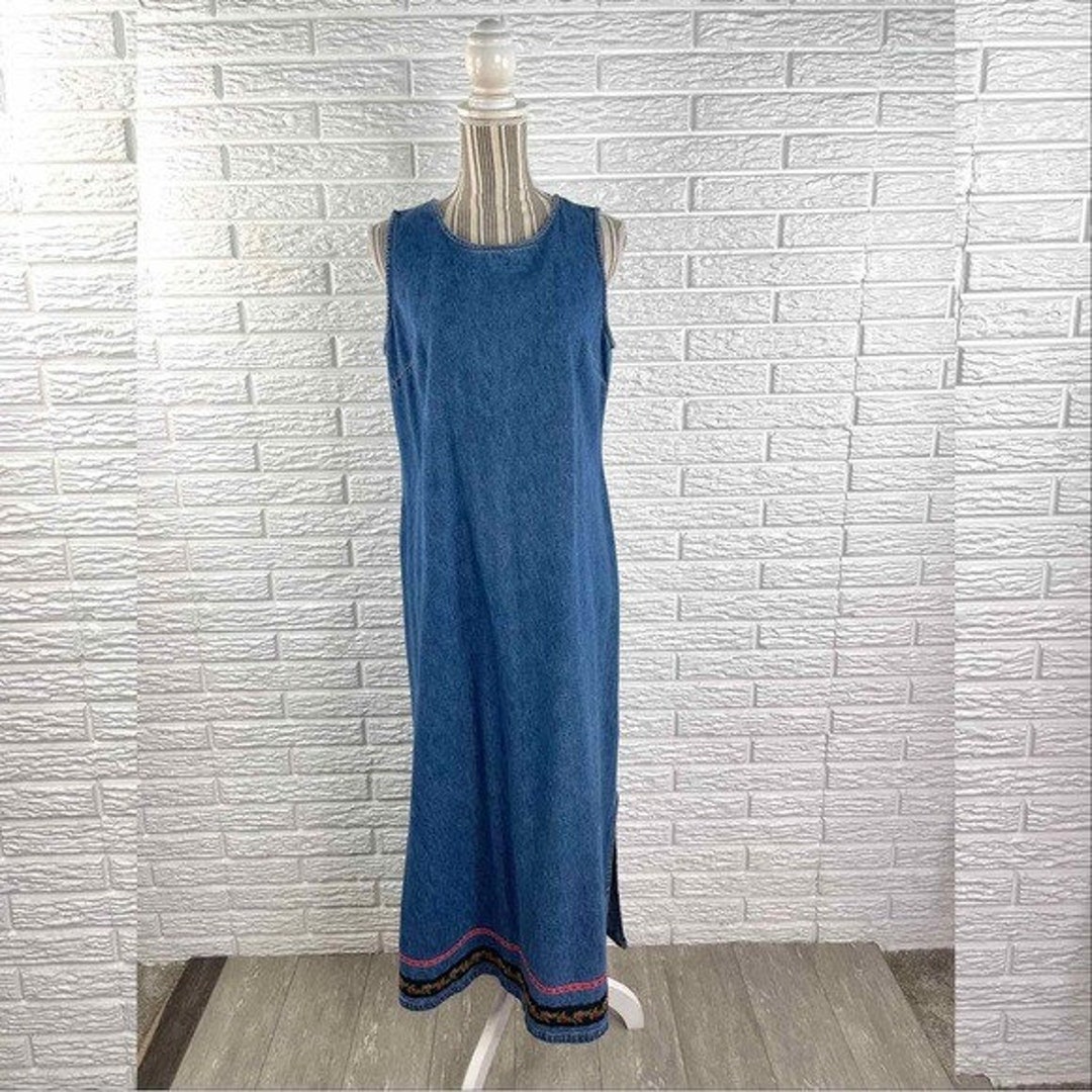 Vintage Studio Ease Blue Denim Maxi Dress Floral Embroidered Hem Size ...