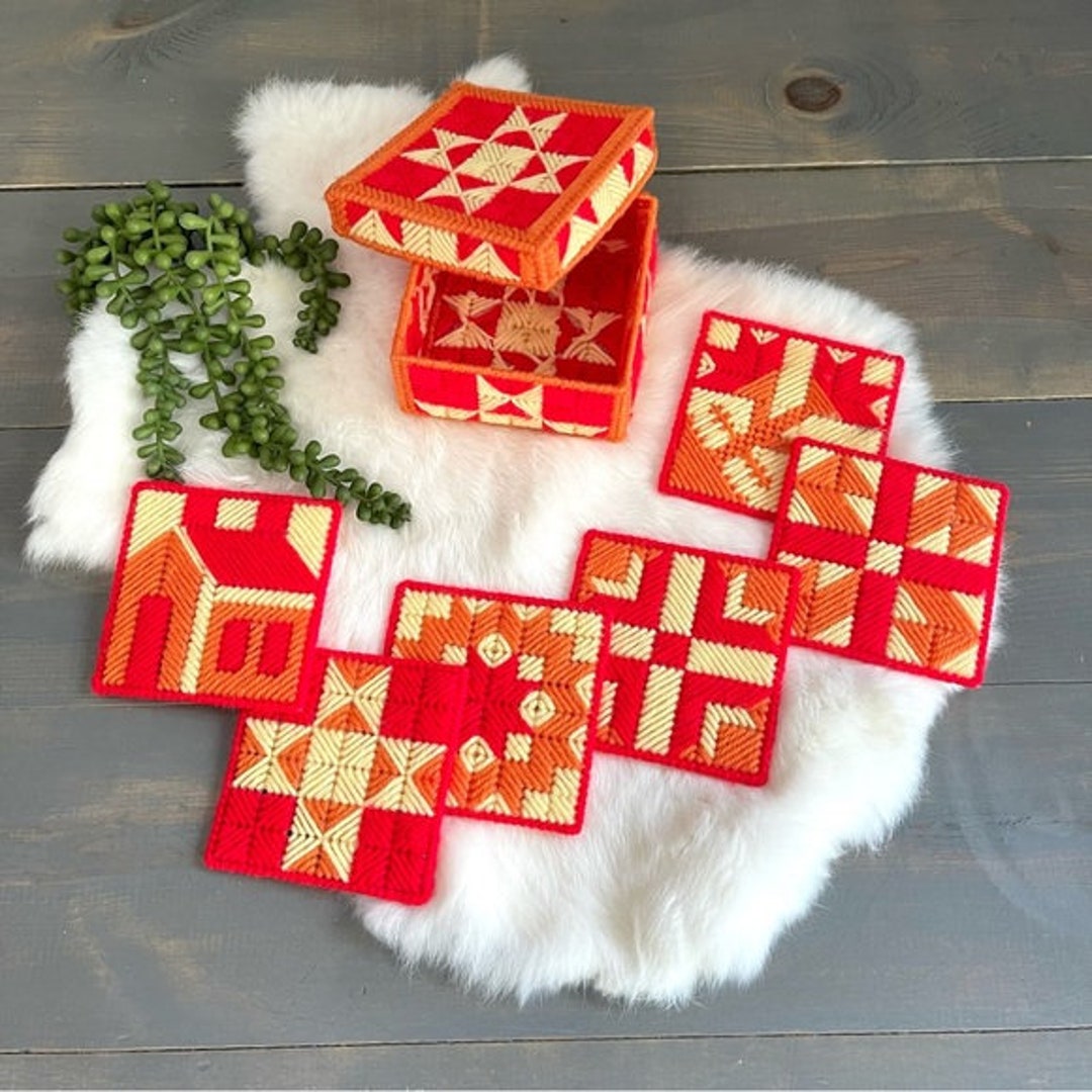 Vintage Handmade Needlepoint Coaster Set of 6 With Storage Box - Etsy