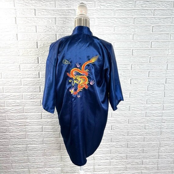 Vintage Dragon Embroidered Blue Satin Robe Lingerie S… - Gem