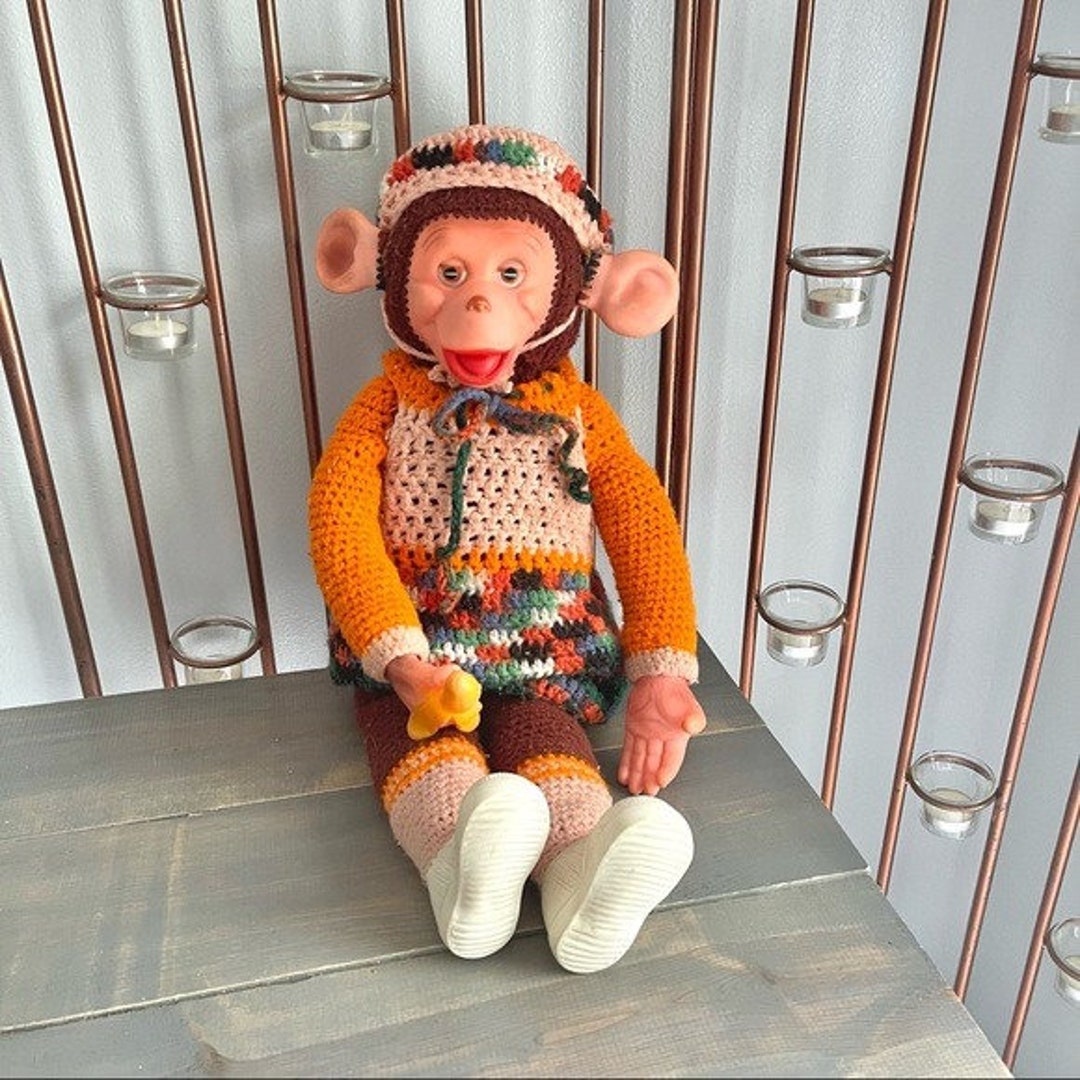 Vtg Rubber Face Monkey Stuffed Animal Crochet Outfit Rare Collectible ...