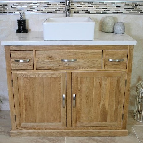 Bathroom Vanity Unit Solid Oak With White Marble Top & - Etsy UK