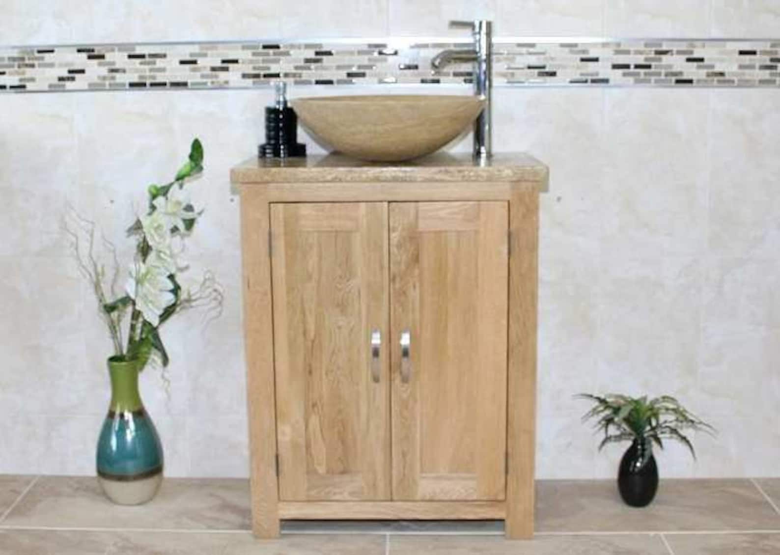 Solid Oak Bathroom Vanity Unit Travertine Top Unit - Etsy UK