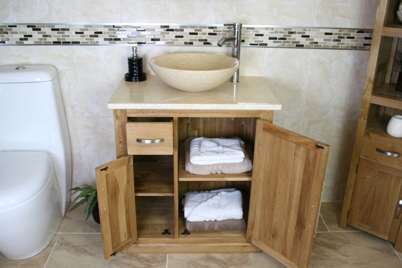 Bathroom Vanity Unit | Solid Oak | Cream Marble Top and Cream Marble ...