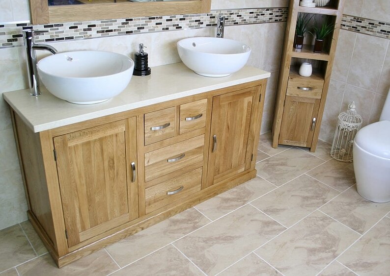 Solid Oak Bathroom Double Vanity Unit Cabinet Cream Marble - Etsy UK