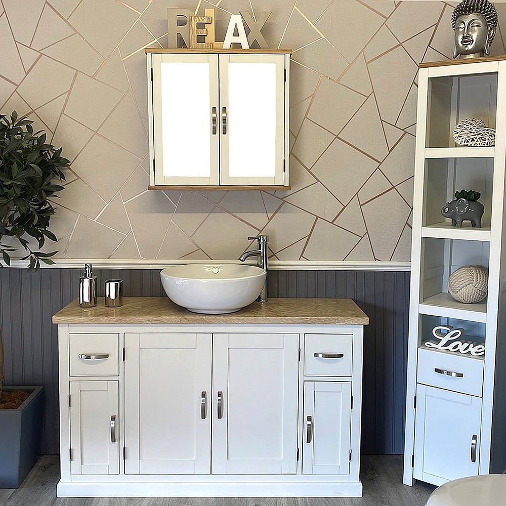 Off White Painted Bathroom Vanity Unit | Travertine Top and Ceramic ...