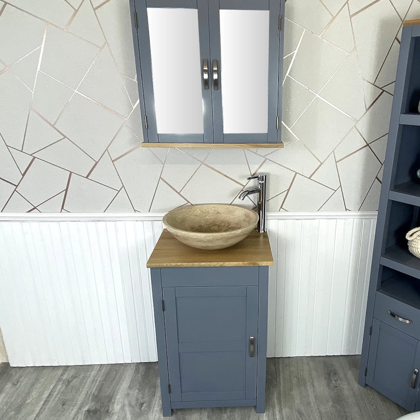 Cloakroom Small Compact Oak Bathroom Modern Vanity Cabinet and Stone ...