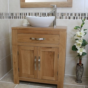 Bathroom Oak Vanity Unit | Single Oak Sink Cabinet | Ceramic Wash Basin ...