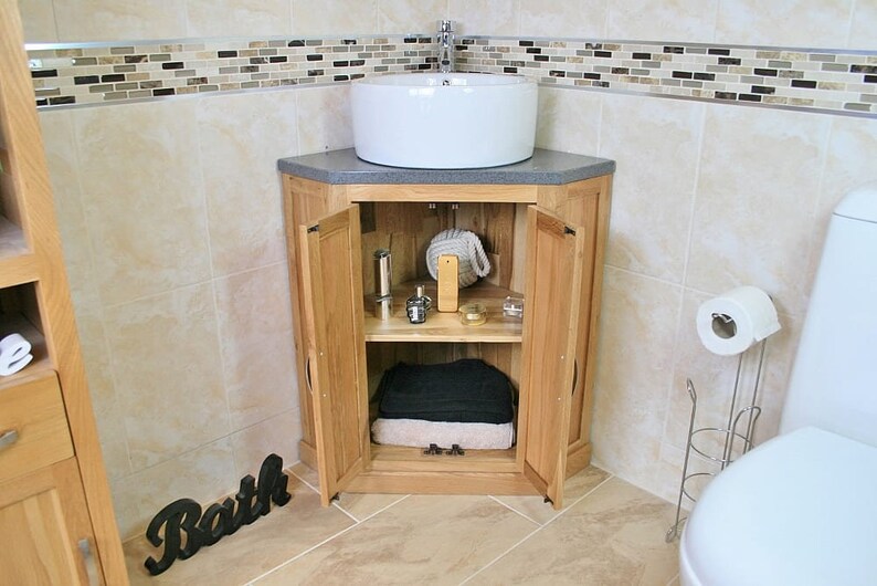 Bathroom Vanity Unit Oak Corner Wash Stand Grey Quartz & Ceramic Basin ...