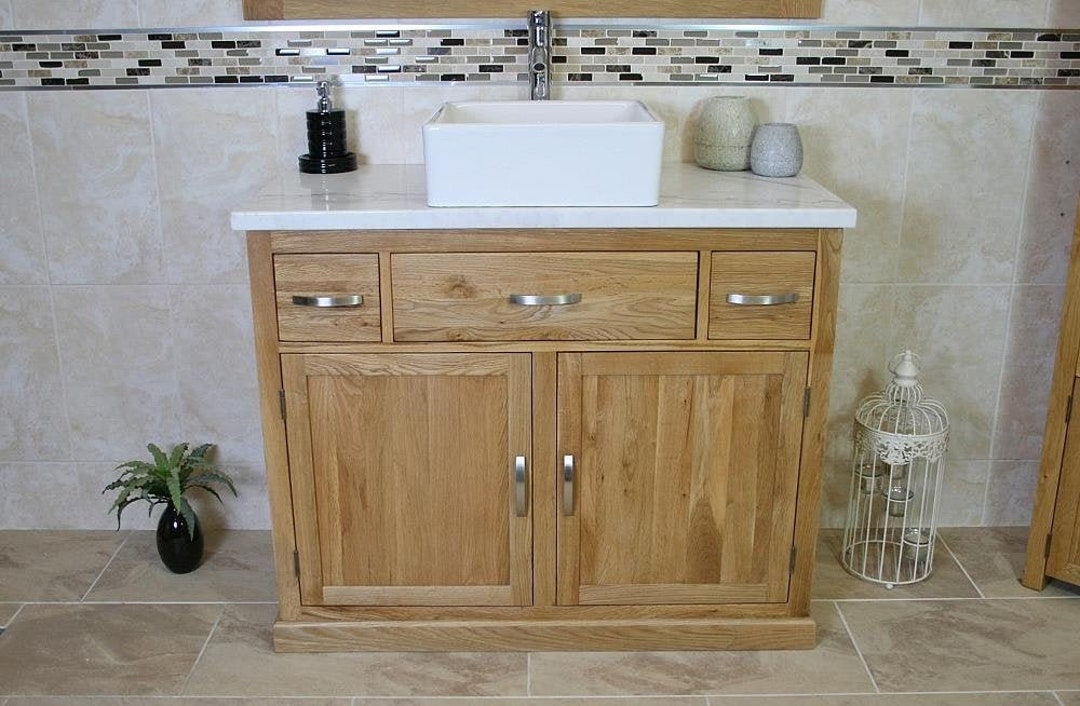 Bathroom Vanity Unit | Solid Oak | With White Marble Top & Ceramic ...