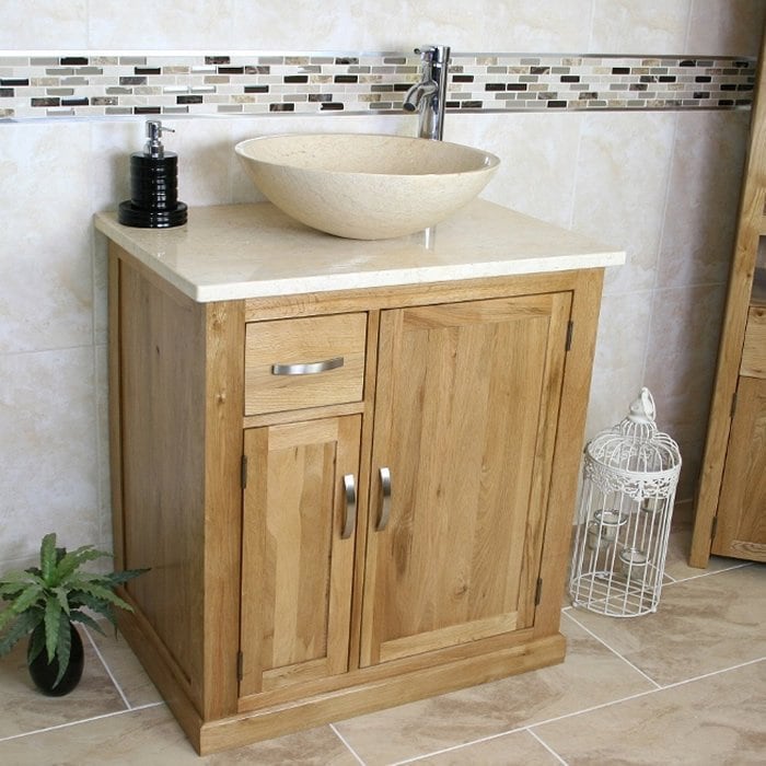 Bathroom Vanity Unit | Solid Oak | Cream Marble Top and Cream Marble ...