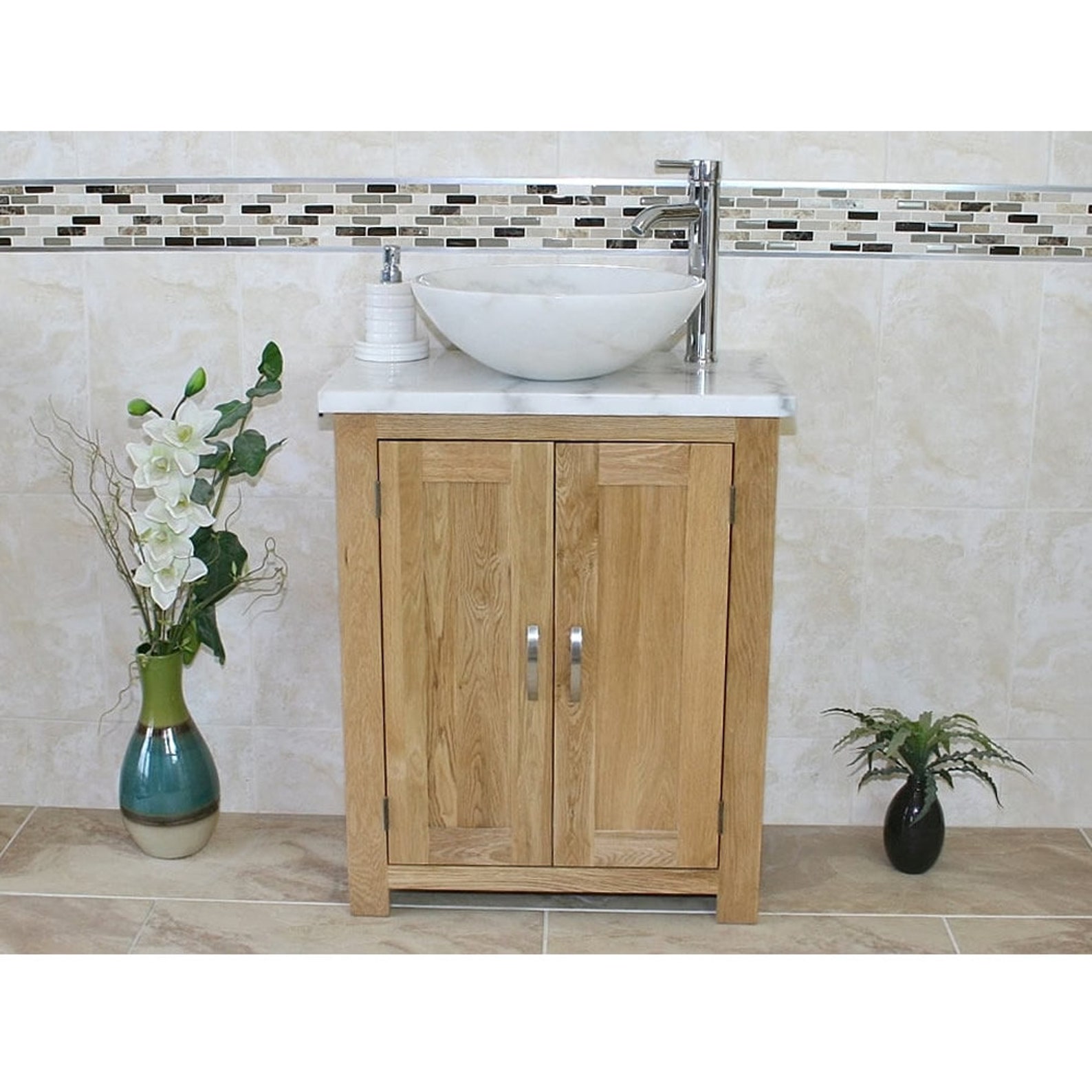 Bathroom Vanity Unit | Solid Oak | With White Marble Top & Stone Basin ...
