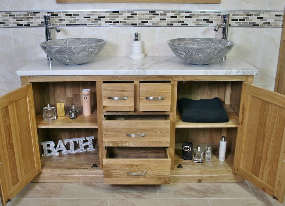 Bathroom Vanity Unit Solid Oak With White Marble Top & | Etsy UK