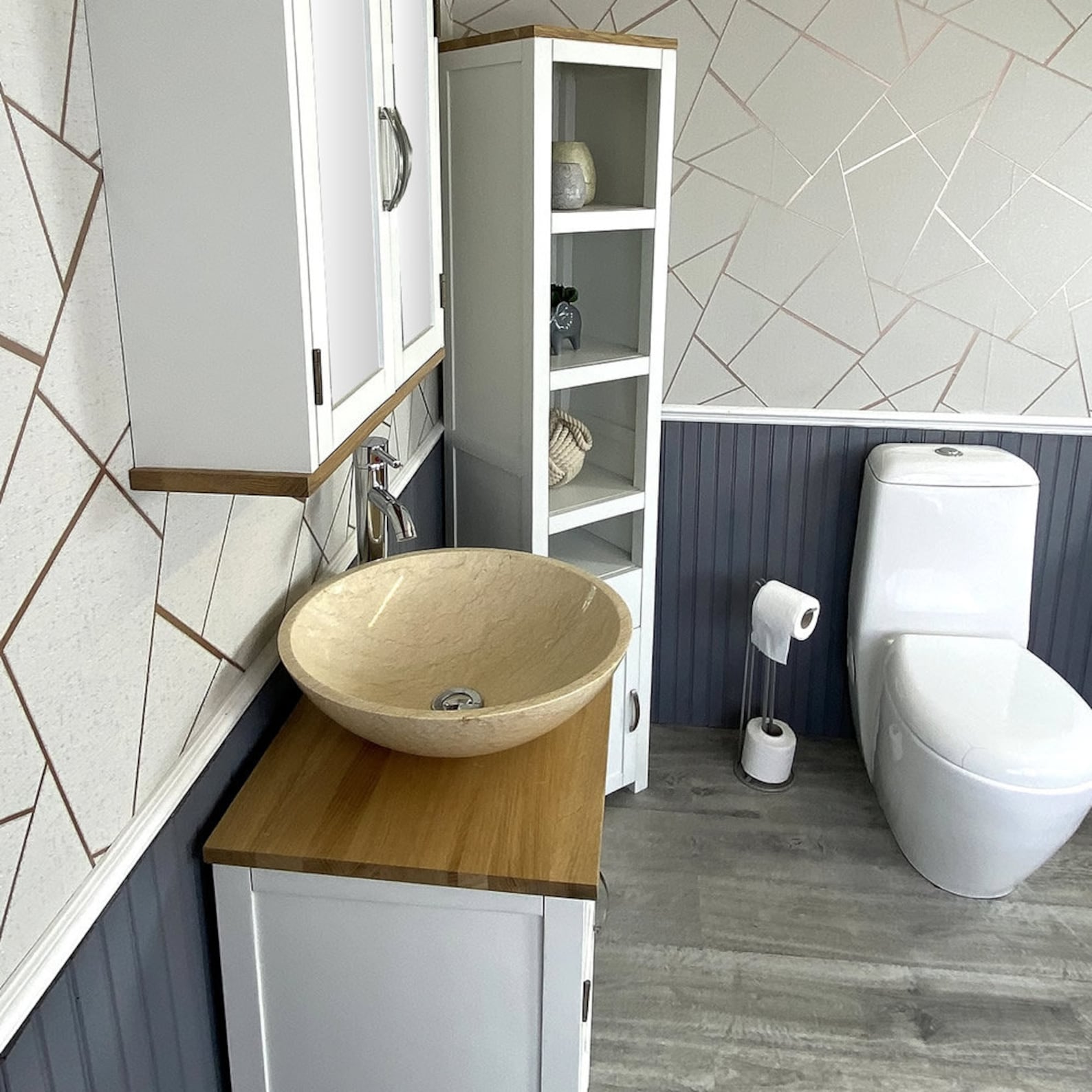 Cloakroom Small Compact Oak Bathroom Modern Vanity Cabinet and Stone ...