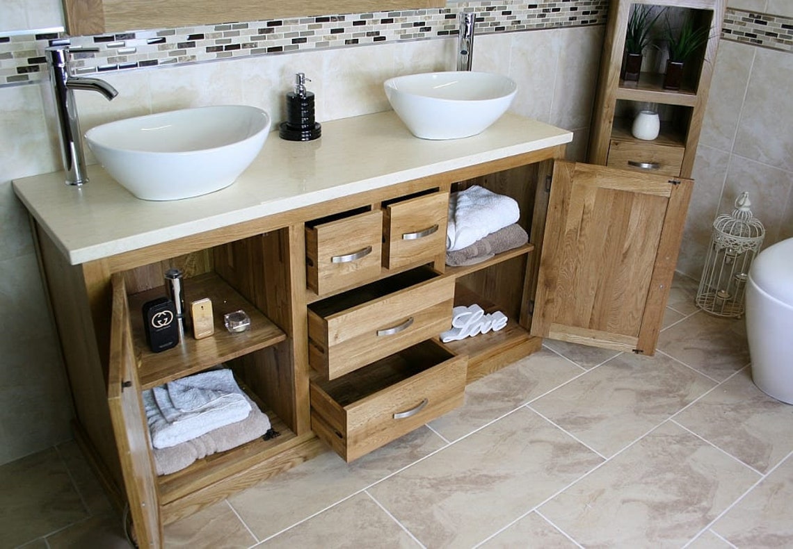 Solid Oak Bathroom Double Vanity Unit Cabinet Cream Marble - Etsy UK