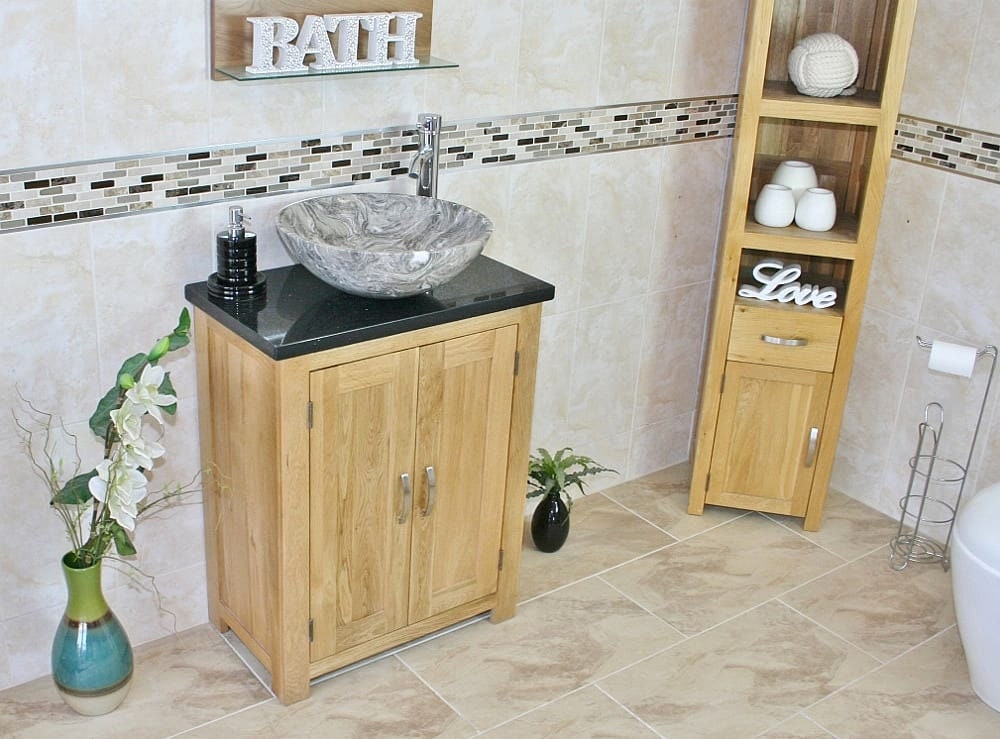 Solid Oak Bathroom Vanity Unit | Black Quartz Top Marble Basin Choice ...