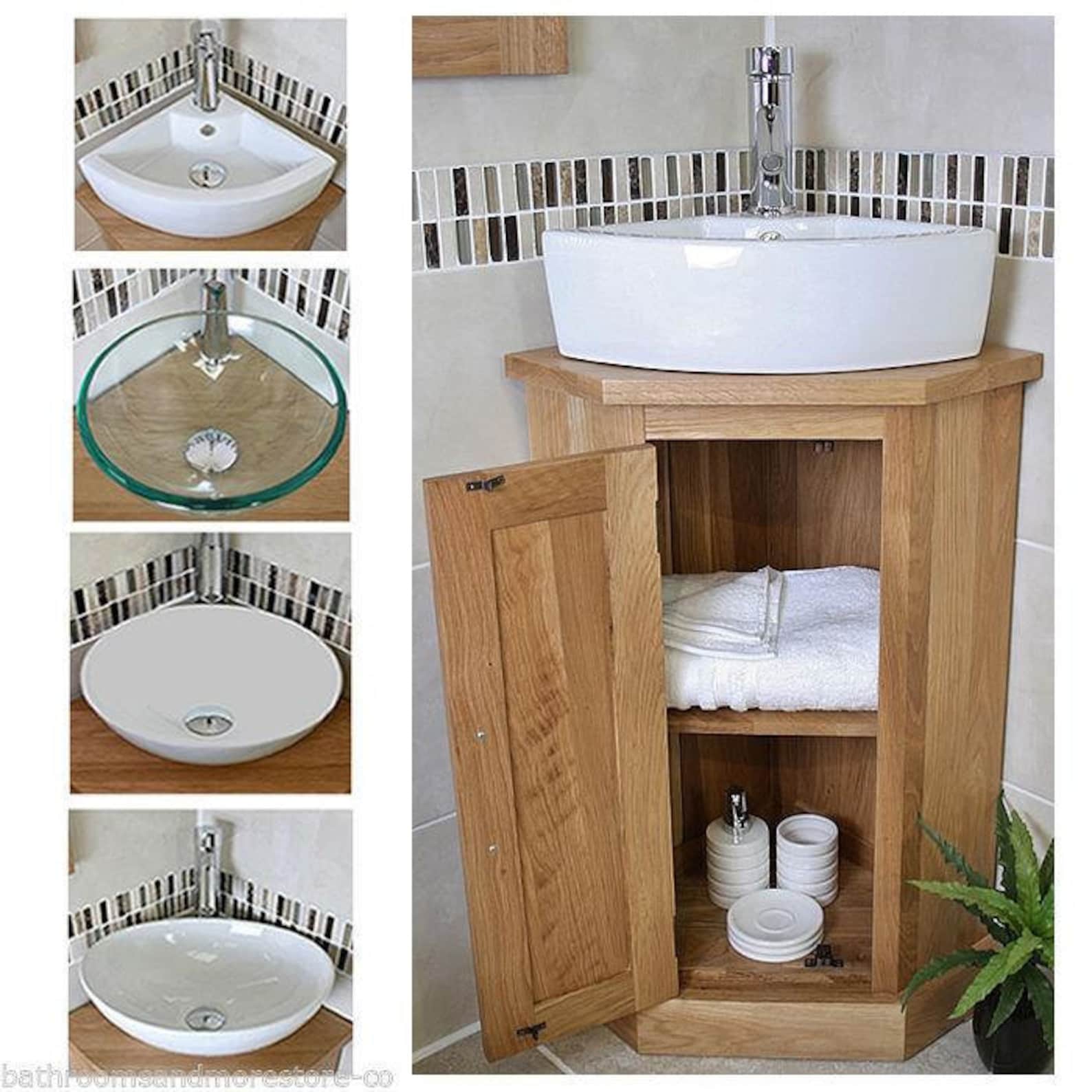 Bathroom Oak Vanity Unit | Corner Oak Sink Cabinet | Ceramic Wash Basin ...