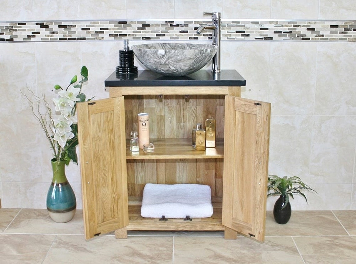 Solid Oak Bathroom Vanity Unit Black Quartz Top Marble Basin | Etsy