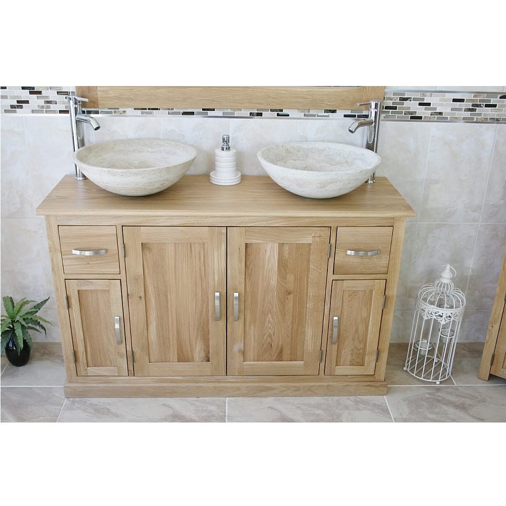 Solid Oak Bathroom Vanity Unit Cabinet Twin Marble Bowl Basin Tap Plug ...