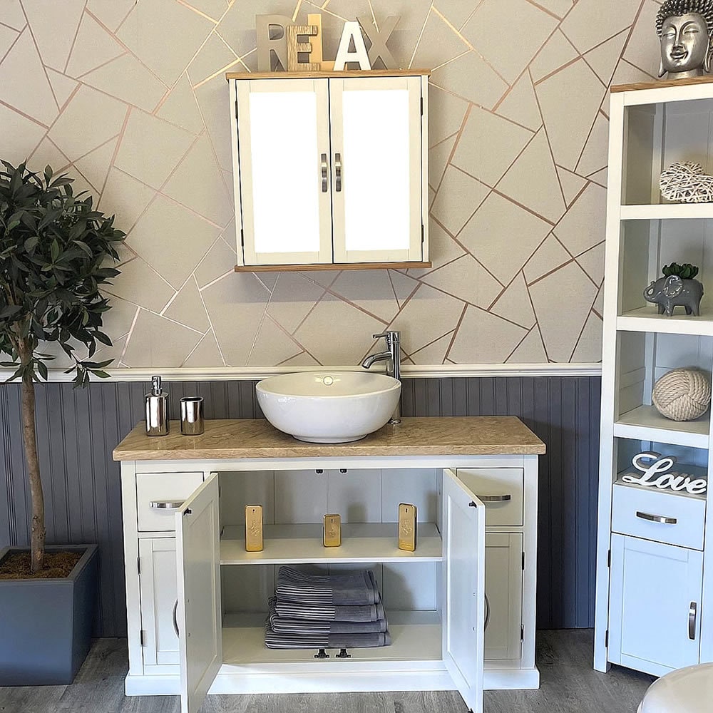Off White Painted Bathroom Vanity Unit | Travertine Top and Ceramic ...