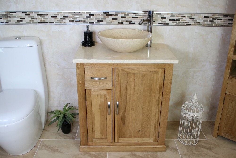 Bathroom Vanity Unit | Solid Oak | Cream Marble Top and Cream Marble ...