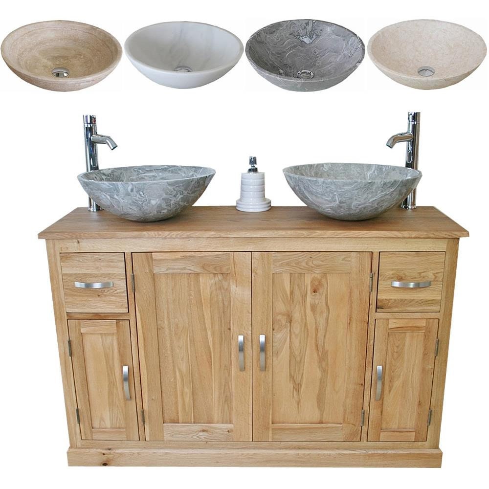 Solid Oak Bathroom Vanity Unit Cabinet Twin Marble Bowl Basin Tap Plug ...