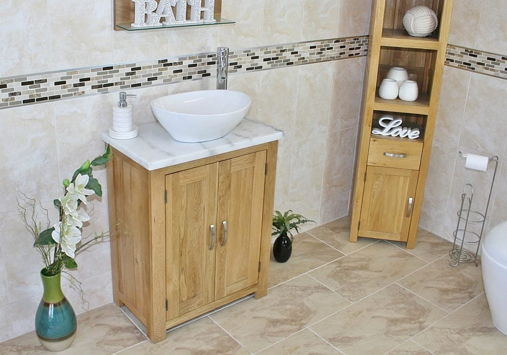 Solid Oak Bathroom Vanity Unit White Marble Top Ceramic - Etsy UK